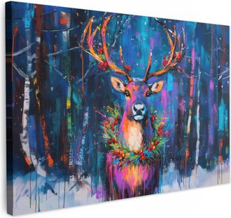 MuchoWow &copy; Leinwand Bilder 90x60 cm Wanddeko Wohnzimmer Aesthetic Room Decor Deko Zimmer Wandbilder Modern Bild auf Leinwand Rentier - Kranz - M&auml;rchenhaft - Bl