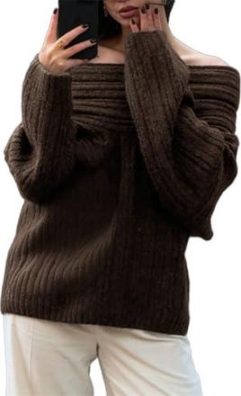 ORANDESIGNE Pull &agrave; &Eacute;paules Larges pour Femme Sexy Manche Longue Ample Pullover Hiver Chaud Tricot Tops Vetement Tricot&eacute; Chic A Marron M