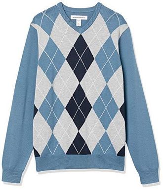 Amazon Essentials Pull à Col en V (Disponible en Grandes Tailles et Grandes Longueurs) Homme, Bleu Losanges, XXL