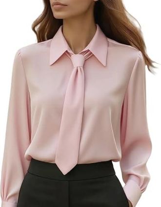 Generic Chemisier en satin &eacute;l&eacute;gant &agrave; manches longues avec noeud papillon pour femme, rose, L