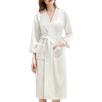 Generic Robe de chambre fine pour femme, peignoirs en nid dabeille pour femme d&eacute;contract&eacute; col en V long peignoir avec poches coupe ample peignoirs de bain l&eacute;g