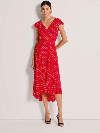 Madeleine Maxikleid Midikleid mit Tupfenmuster Sommerkleid mit V-Ausschnitt, Rei&szlig;verschluss, Wadenl&auml;nge und ohne Arm