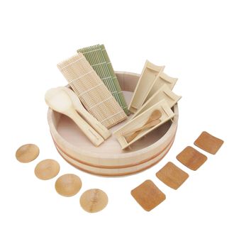 BambooMN Hangiri Oke Sushi-Reis-K&uuml;hlschale, 33 cm, mit 19-teiligem Sushi-Servierzubeh&ouml;r-Set, gro&szlig;