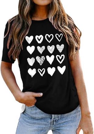 Generic T-shirt graphique &agrave; manches courtes pour femme avec motif coeur pour la Saint-Valentin 2026, Noir, XXL