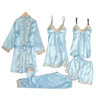 Generic YUJIEBB Ensemble de pyjama 5 pi&egrave;ces en satin pour femme en dentelle patchwork bril v&ecirc;tements de nuit de mariage rayonne v&ecirc;tements de nuit et robe de n