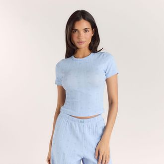 Lounge Pointelle Pyjama-Top - Florales Blau - XS