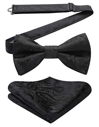 Hisdern Noeuds Papillon Noir Homme et Mouchoir avec Crochet déjà lié et Réglable Noeud Papillon à Motif Cachemire Carré de Poche Ensemble