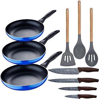 San Ignacio 3 Pfannen-Set (16 + 20 + 24 cm) aus gepresstem Aluminium, Induktion, Marineblau Paradise mit 3 Stuck, Kuchenutensilien, Silikon, Holz mit 4 Messern A