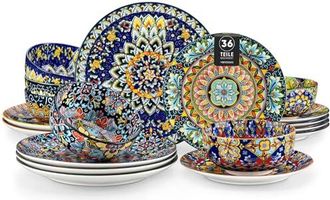 VANCASSO Service de Table Complet 36 Pi&egrave;ces pour 12 Personnes, Vaisselle en Porcelaine - 12 Assiettes Plates, 12 Assiettes &agrave; Dessert et 12 Bols &agrave; C&eacute;r&eacute;ales, Sty