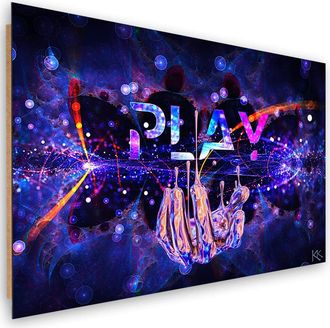 Feeby 1-teilig Wandbild XXL 120x80 cm Spiele Gaming F&uuml;r den Gamer Wandbild Kunst Bilder Schlafzimmer Deko Wohnzimmer Abstraktion PLAY Hand Violett