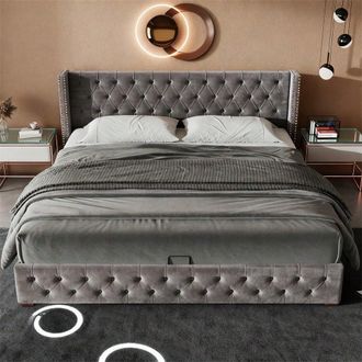 Generic Gepolstertes Kopfkissen-förmiges Bett, doppelte Reihe Rivets aus Flanell, genähte Knopflöcher, Doppelbett 140 * 190 mit Hydraulikfunktion, Bettunterte