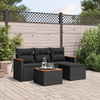 Festnight Mandloder 5-TLG. Garten-Sofagarnitur, Schwarz Poly Rattan, Akazienholz Tischplatte, Modulares Design, UV-best&auml;ndig, f&uuml;r Terrasse Balkon Au&szlig;enbereich, 