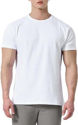 Generic Fitness Exercice Crew Neck Hommes Manches Courtes Stretch Respirant Coton T-Shirt pour Exercice Extérieur Manches Quatre Quarts, blanc, L