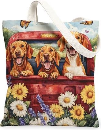 Generic Sac fourre-tout en toile pour faire du shopping, 33 x 38,1 cm, motif camion, jardin, marguerite, chiot pittoresque, sac d&eacute;picerie, sac d&eacute;picerie r&eacute;uti