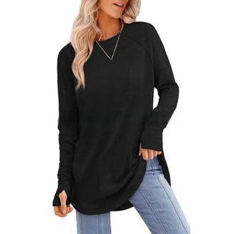 Generic Preferablen Tunique &agrave; manches longues avec trou pour le pouce pour femme &agrave; porter avec des leggings, col rond, ourlet incurv&eacute;, Noir, XXL