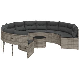 vidaXL Gartensofa mit Tisch und Kissen Rund Grau Poly Rattan - Vidaxl