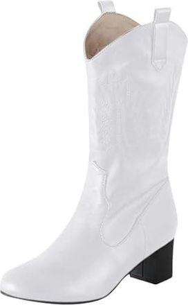 Generic Bottes de cowboy occidentales pour femme, bottes de cowboy pour femme, bottes de cowgirl mi-large en cuir de veau à talon bloc brodé, bottines de cowg