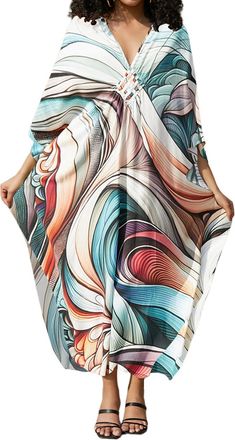 Bsubseach Kaftane f&uuml;r Frauen Plus Gr&ouml;&szlig;e Kaftan Kleid Lange Badeanzug Strand Cover Ups Casual Loungewear Farbige Linien