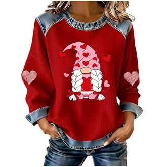Generic Sweat-shirt &agrave; manches longues en denim pour femme - Motif coeur - Patchwork - Pull l&eacute;ger &agrave; manches longues - Col rond - Pull d&eacute;contract&eacute;, Rouge, 3XL