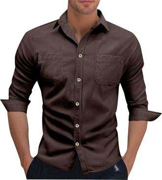 Generic Chemise boutonn&eacute;e en velours c&ocirc;tel&eacute; &agrave; manches longues pour homme - Veste de camionneur en coton avec poches - Coupe r&eacute;guli&egrave;re - D&eacute;contract&eacute;e - Solide 