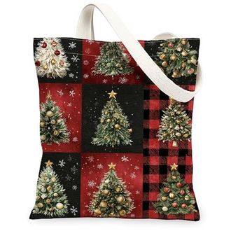 Generic Sacs fourre-tout festifs en toile, motif arbre rustique, sacs d&eacute;picerie r&eacute;utilisables, l&eacute;gers et lavables avec bandouli&egrave;re en toile pour Shoppin, Roug