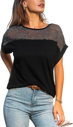 Cupshe Haut &agrave; manches courtes en maille paillet&eacute;e pour femme, col rond, ample, d&eacute;contract&eacute;, chemisier de f&ecirc;te, Noir, XL
