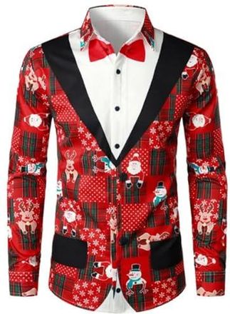 Generic Chemise de No&euml;l pour homme avec revers 3D imprim&eacute; num&eacute;rique - Chemise d&eacute;contract&eacute;e pour homme, Rouge, 3XL