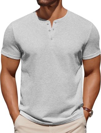 Coofandy T-Shirts für Herren Henley Shirt Kurzarm Männer Sommer T Shirt mit Knopfleiste Baumwolle Basic Tee Muskelshirt Hellgrau 3XL
