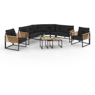 IDMarket Salon de jardin bas RIO 8 places salon dangle structure m&eacute;tal et cordage effet rotin clair et coussins noir