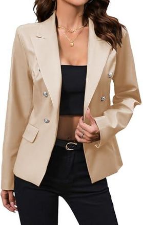 Generic Veste en similicuir &agrave; manches longues pour femme, coupe ajust&eacute;e, veste &agrave; revers en cuir synth&eacute;tique avec poches, abricot, L