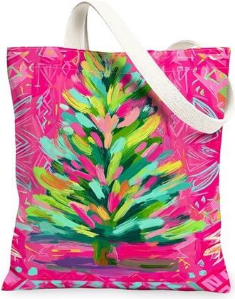 Generic Sacs fourre-tout en toile motif arbre de No&euml;l, sacs d&eacute;picerie r&eacute;utilisables, style boh&egrave;me festif, l&eacute;ger, lavable, p&ecirc;che, 13x15 Inch