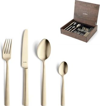 Amefa VENTURA Besteck Set 6 Personen Champagner, 24 teiliges Besteckset Edelstahl 18/10, PVD beschichtet, mattiertes, geradliniges goldenes Essbesteck Set, 