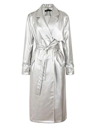 Generic Trench-coat long ample en cuir PU noir pour femme - Veste classique &agrave; double boutonnage pleine longueur, argent&eacute;, S