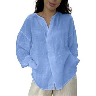 Generic Chemises en lin &agrave; manches longues boutonn&eacute;es pour femme - Style boh&egrave;me - Pour l&eacute;t&eacute;, le printemps, les vacances, les voyages - Coupe ample, bleu ciel, 