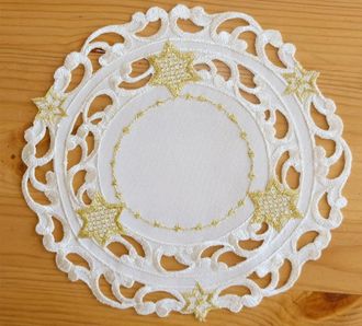 Matches 21 Tischdeckchen Selina &Oslash; 20 cm Ecru Lochstickerei Silber Sterne rundes Deckchen Weihnachten Polyester