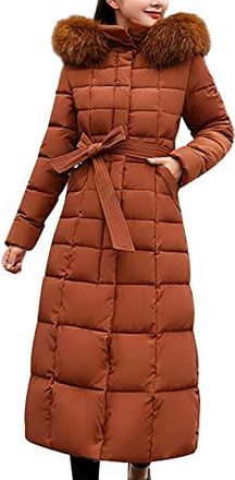 Generic Manteau dhiver long et chaud pour femme, doudoune longue et l&eacute;g&egrave;re pour femme, manteau matelass&eacute; avec capuche en fourrure, ceinture, manteau dhiver ch