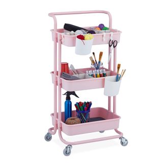 Relaxdays Rollwagen, 3 Etagen, Allzweckwagen, Hobby, Büro, Bad, Küchenwagen HBT: 86x43x42 cm, Metall & Kunststoff, rosa