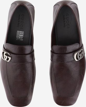 Gucci Mens Leather Loafers With Logo Dark Brown Calf