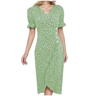 Generic Robe d&eacute;t&eacute; d&eacute;contract&eacute;e pour femme avec manches bouffantes et col en V &agrave; lourlet, vert, XXL