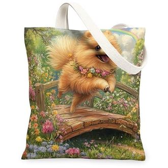 Generic Sac fourre-tout en toile pour faire du shopping, 33 x 38,1 cm, motif chien de Pom&eacute;ranie de printemps, sac d&eacute;picerie r&eacute;utilisable pour femme, motif flo