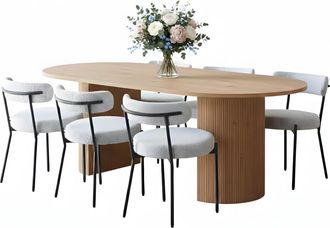 ebuy24 Kyoto Essgruppe - mit 6 St&uuml;hlen - Tisch 210 x 100 x 75 cm - St&uuml;hle Stoff wei&szlig; - MDF, Papier, Formgespanntes Holz - Tisch Natur - skandinavisch-modern 