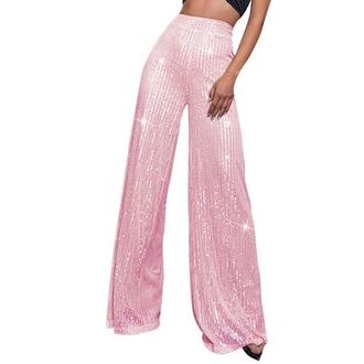 Generic Pantalon Femme Chic Et Elegant Pantalons à paillettes décontractés à la mode pour femmes Pantalons évasés taille haute jambes larges paillettes scinti