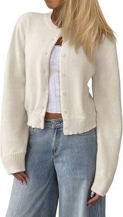 TOMWELL Gilet Femme Col Rond Cardigan Manches Longues Chic et Elegant Gilets avec Bouton A Beige XS