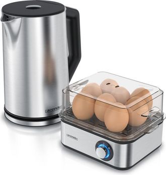 Arendo Fr&uuml;hst&uuml;cks-Set, 8er Eierkocher eightcook, Wasserkocher mit Temperatureinstellung, Silber - Arendo