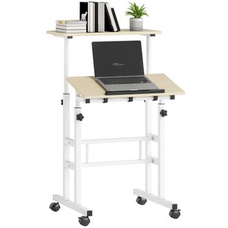 HOMCOM Steh-Sitz-Schreibtisch, höhenverstellbarer Schreibtisch 60 x 60 cm, Computertisch auf Rollen mit neigbarer Tischplatte, Arbeitsplatz für Schlafzimmer,