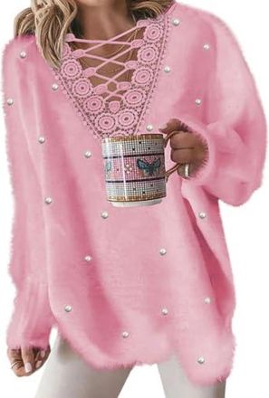 ORANDESIGNE Pull Femme Chic et Elegant Hiver Sweat Dentelle Col en V Manche Longue Couleur Unie Chandail Polaire Sweatshirt Décontracté Pulls I Rose XXL