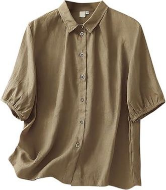 Generic Chemise en lin pour femme, coupe ample, surdimensionn&eacute;e, boutonn&eacute;e, col montant, manches courtes, chemisiers d&eacute;contract&eacute;s pour femme, kaki, XXL