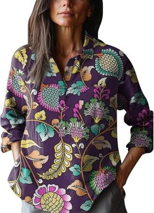 Generico Femme Chemise D&eacute;contract&eacute;e &agrave; Manches Longues Chemisier en Lin Coton Curvy Respirant Blouse Col en V Doux T Shirt Vintage Imprim&eacute; Boutons L&eacute;ger Chemise