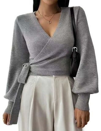 Generic 2026 Y2K Pull cache-coeur pour femme - Haut court &agrave; nouer sur le devant - Manches longues et col en V - D&eacute;contract&eacute; - Tendance - Tricot doux, gris, XL