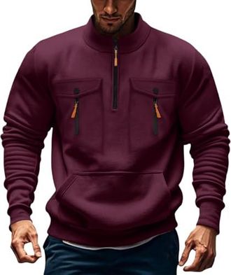 Generic Sweat-shirt sans capuche en polaire pour homme - Demi-fermeture &eacute;clair - Manches longues - Coupe droite - Confortable - T-shirt dext&eacute;rieur doux - Prin